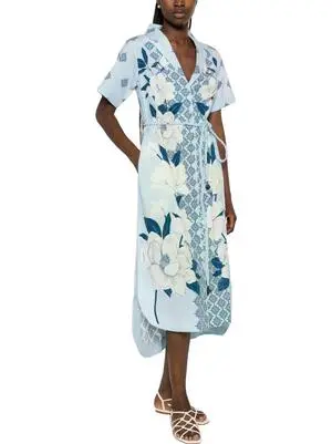 Verandah Floral-print Braided-belt Midi Dress - Blue