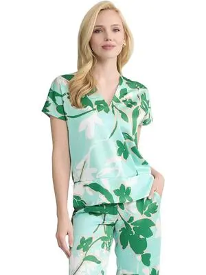 Ming Wang Floral Printed Crepe De Chine Top - Kelly Green/euca/lime/ivory