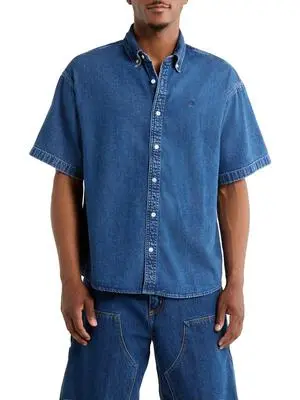 Carhartt Work In Progress Lucas Short Sleeve Cotton Denim Button-down Shirt - Stone