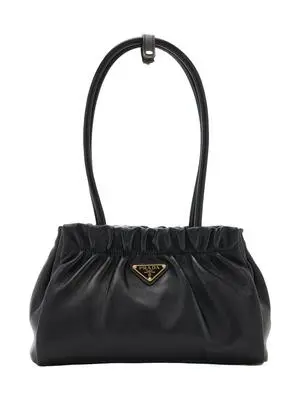 Prada Ruched Nappa Leather Top Handle Bag With Logo Plaque - Black