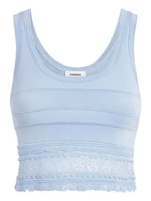 Sandro Pointelle Lace Trim Cropped Tank Top - Blue