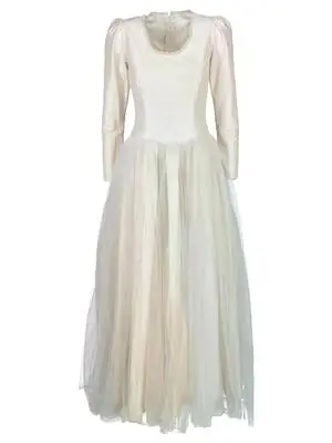Vintage Tulle Overlay Dress With Floral Appliqu - Neutrals
