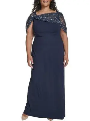 Eliza J Beaded Mesh Overlay Crepe Column Gown - Navy