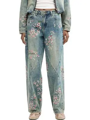 Desigual Floral Embroidery Straight Leg Jeans - Medium Blue