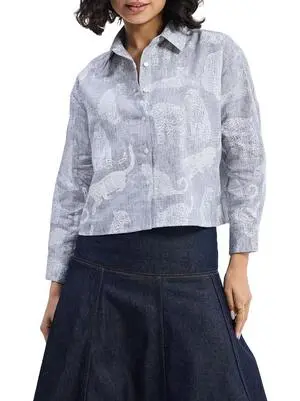 REISTOR Oversized Boxy-fit Linen Shirt With Handprinted Animal Theme - Silver