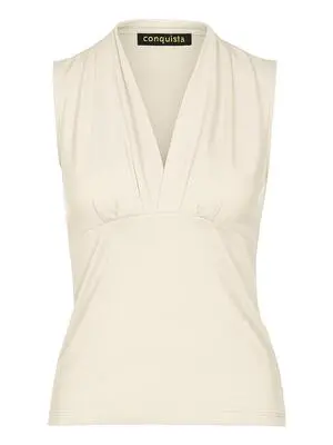 CONQUISTA Sleeveless V-neck Jersey Top With Ruching - White