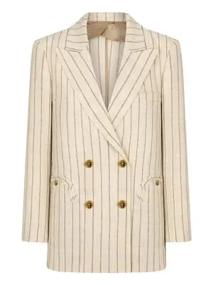 BLAZÉ MILANO Double-breasted Pinstripe Linen Blend Blazer - Tea