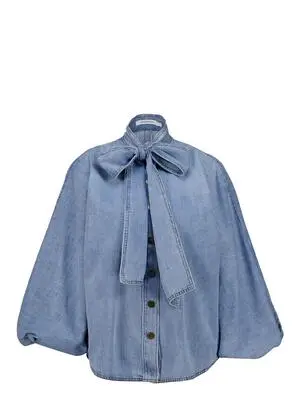 Zimmermann Skylark Indra Denim Tie Neck Blouse - Blue