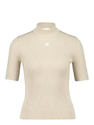 COURREGES Courrèges Rib Knit High Neck Short Sleeve Sweater Beige
