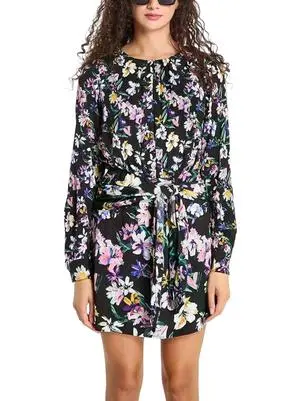 Desigual Floral Print Long Sleeve Tie Waist Dress - Black