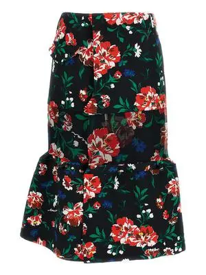 Sacai Floral Print Asymmetrical Ruffle Midi Skirt - Black