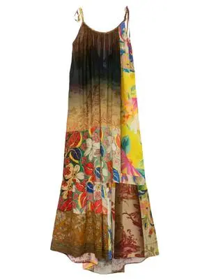120% Lino Floral Print Maxi Dress - Brown