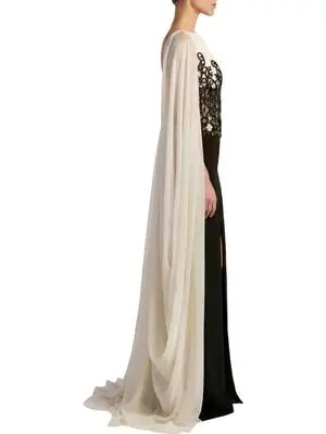 GATTINOLLI BY MARWAN Embroidered Cape-sleeve Gown - Neutrals