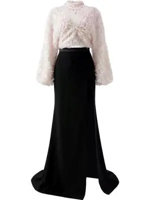 GATTINOLLI BY MARWAN Floral Motif High Slit Set - Black
