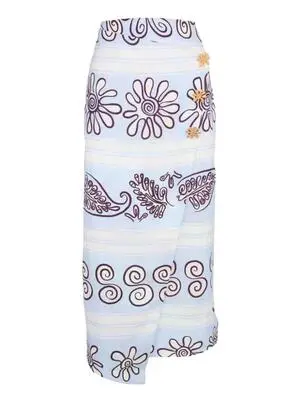 CALA DE LA CRUZ Floral Print Linen Wrap Skirt - Blue