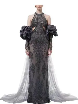 GATTINOLLI BY MARWAN Floral Bead-embellished Gown - Grey