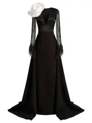 GATTINOLLI BY MARWAN Flower-detail Fringed Mermaid Gown - Black
