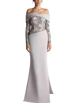 GATTINOLLI BY MARWAN Off-shoulder Embroidered Gown - Grey