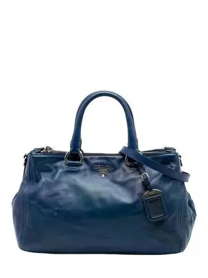 Prada Soft Calf Double Zip Convertible Tote Satchel - Blue