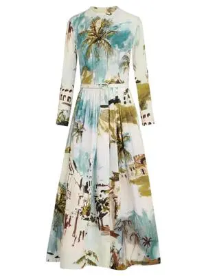 Oscar De La Renta Dominican Landscape Cotton Poplin Short-sleeve Dress - Neutrals