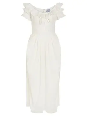 THIERRY COLSON Thierry Colson Embroidered Cotton Midi Dress With Ruffled Trim