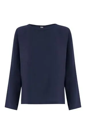 Q WINS Silk Knit Round Neck Long Sleeve Top - Blue