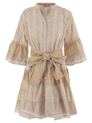 PEP'S CANNES Cotton Dress With Geometric Pattern And Puff Sleeves - Red