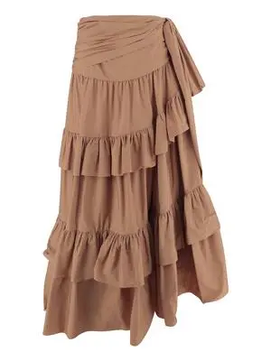 Chloé Cotton Poplin Ruffled Skirt With Bow Detail - Brown