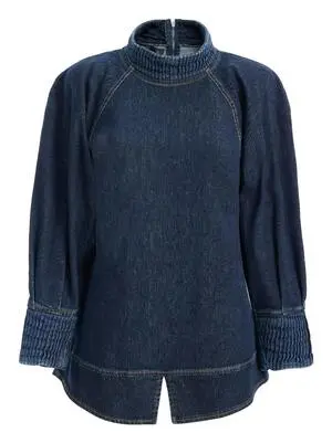2BE4A 2Be4A Balloon Sleeve Denim Blouse With Ribbed Detail