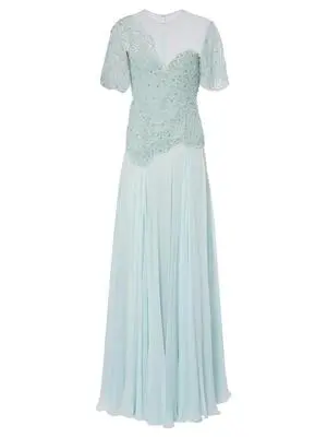 Costarellos Embellished Silk-blend Georgette Gown - Blue