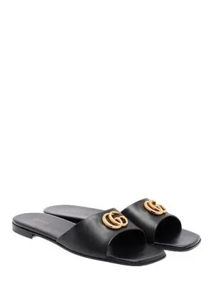 Gucci Double G Leather Slides - Black