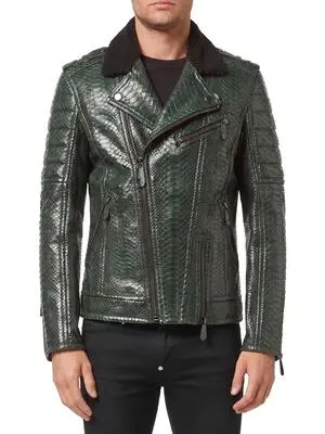 Philipp Plein Embossed Leather Biker Jacket - Green