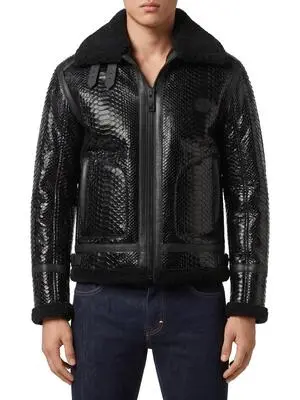 Philipp Plein Python Leather Jacket With Shearling Collar - Black