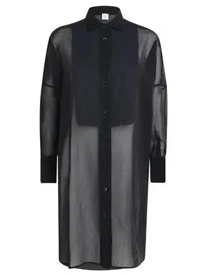 Eleventy Cotton Longline Dress Shirt With Ribbed Plastron - Black