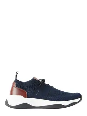 Berluti Shadow Leather-trimmed Stretch-knit Sneakers - Blue