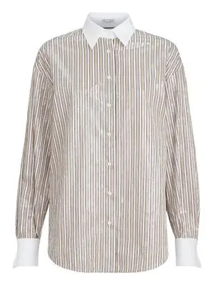 Brunello Cucinelli Striped Sequin Embellished Cotton Shirt - Beige
