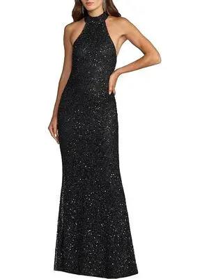 Mac Duggal Embellished Halter Neck Open Back Column Gown - Black