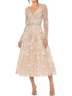 Mac Duggal Beaded Embroidered Long Sleeve V-neck Midi Dress - Blush