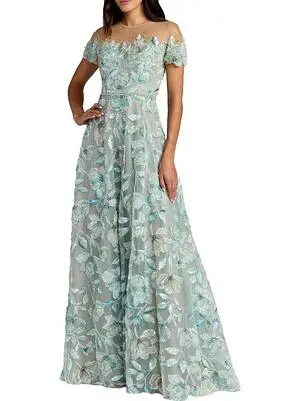 Mac Duggal High Neck Cap Sleeve Embellished A-line Gown - Sage Multi