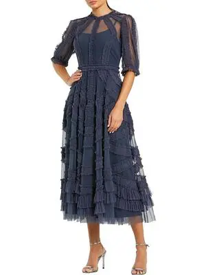Mac Duggal Mac Duggal High Illusion Neck Ruffle Tiered A-Line Midi Dress Midnight