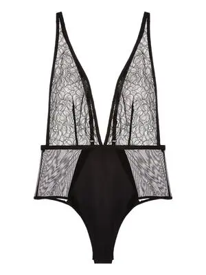 JOURNELLE Lexi Bodysuit: Stretch Lace Plunge Bodysuit With Open Back - Black