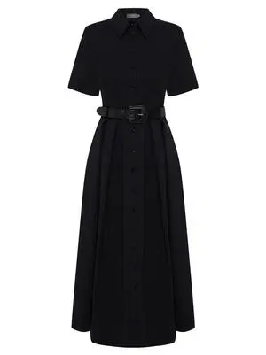 EXQUISE Lilah Classic Collar Belted Midi Dress - Black