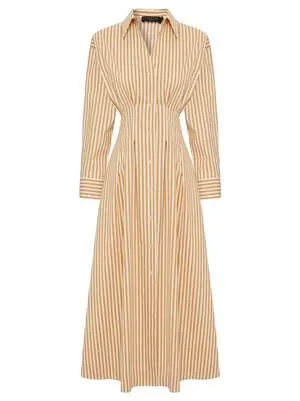 EXQUISE Striped Midi Shirt Dress - Brown