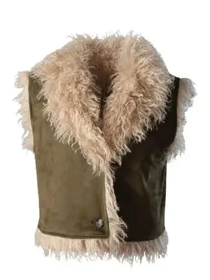 IZABELA MANDOIU Suede Shearling Trim Vest - Green