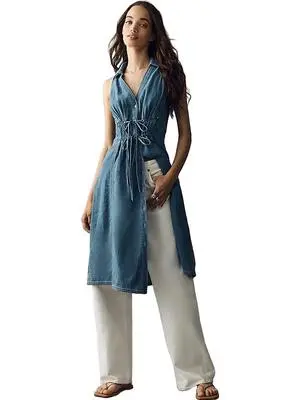 PILCRO 100% Cotton Denim Midi Shirt Dress - Medium Denim