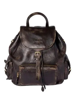 Miu Miu Distressed Leather Backpack - Brown