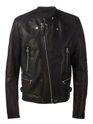 LANVIN Band Collar Leather Biker Jacket - Black