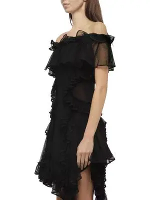 Alexander McQueen Asymmetric Frilled Off-shoulder Dress - Black