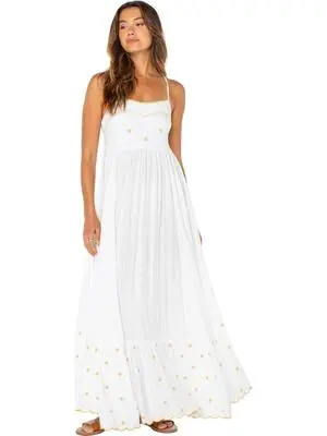 Roxy Sunburst Maxi Dress With Golden Embroidery And Tie-back Detail - Cloud Dancer Solid