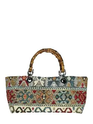 RUJ HERITAGE Jacquard Mini Tote Bag With Bamboo Handles - Blue